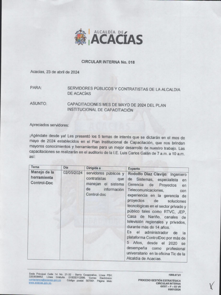 Circular 018 Plan Institucional de Capacitacion Mes de Mayo | PDF