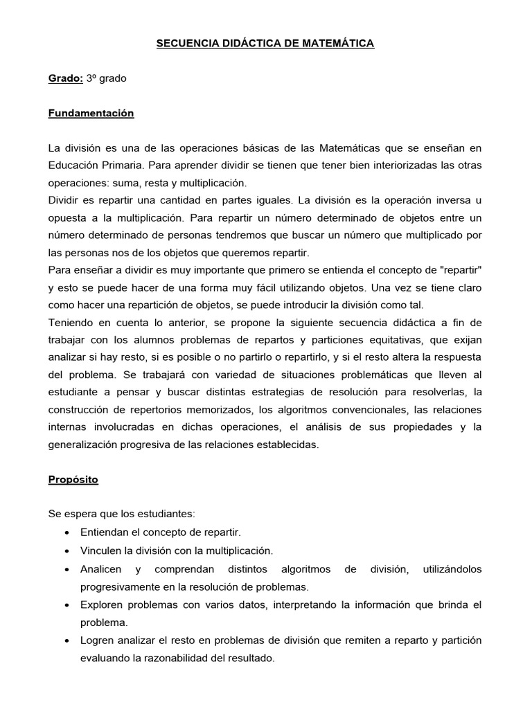 Secuencia Didáctica de Matemática Division | Descargar gratis PDF | División (Matemáticas) | Números