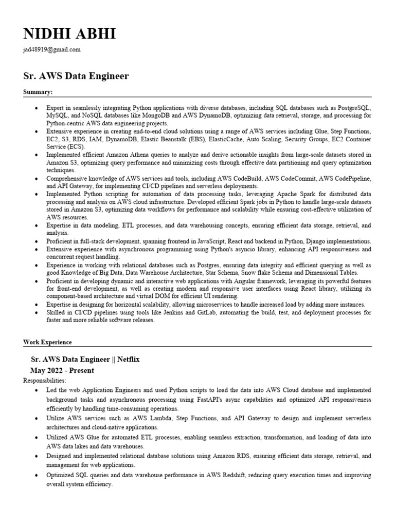 Nidhi (Abhi) Resume (1) | PDF | Amazon Web Services | Databases