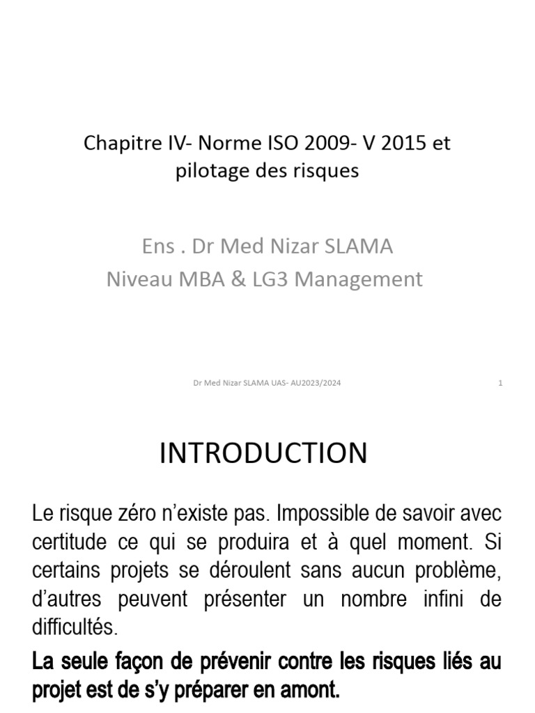 Chapitre 4 Norme ISO 2009 V 2015 Et Pilotage Des Risques 1 | PDF | Risque | Gestion des risques