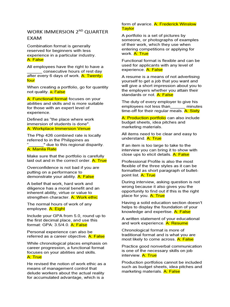 Work Immersion 2ND Quarter Exam | PDF | Truth | Employment