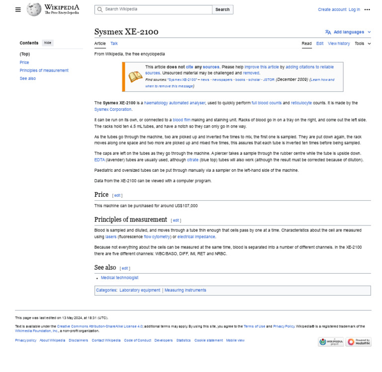 Sysmex XE-2100 - Wikipedia | PDF