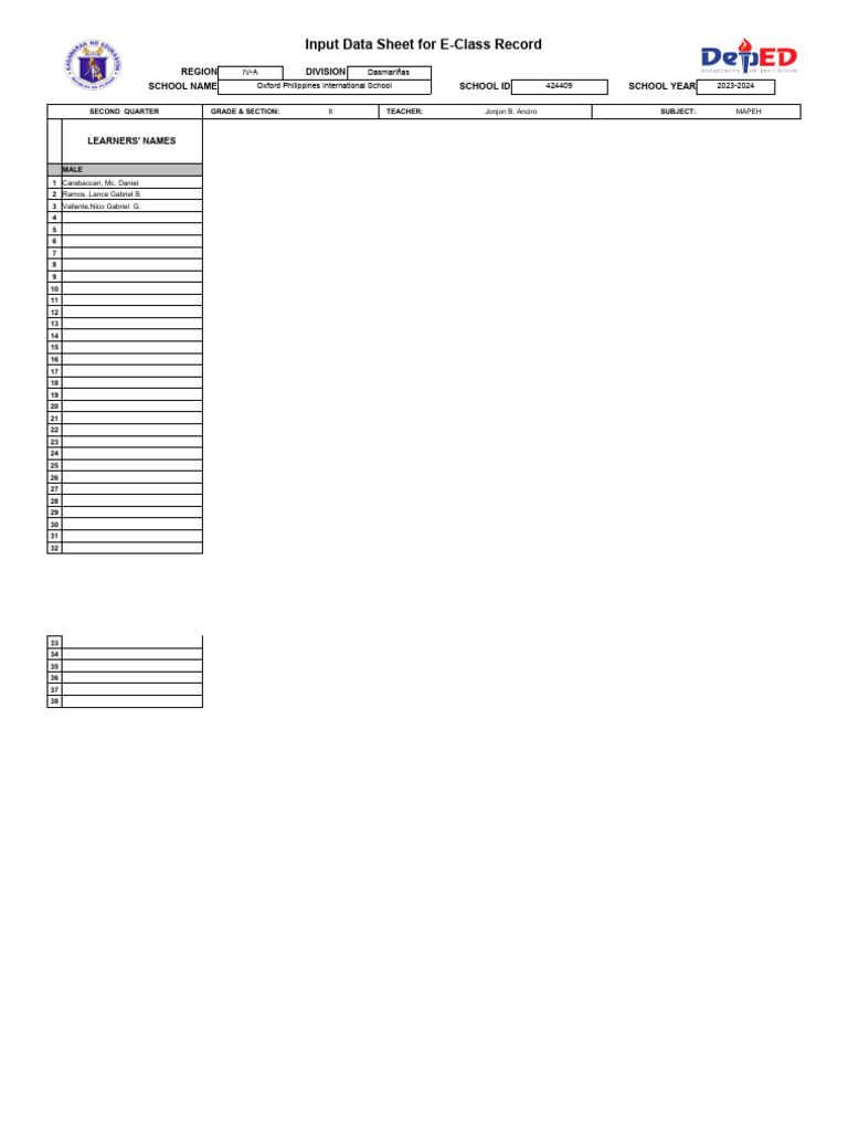 E-Class Record for Grade 8 MAPEH 2023-24 | PDF | Learning | Behavior Modification