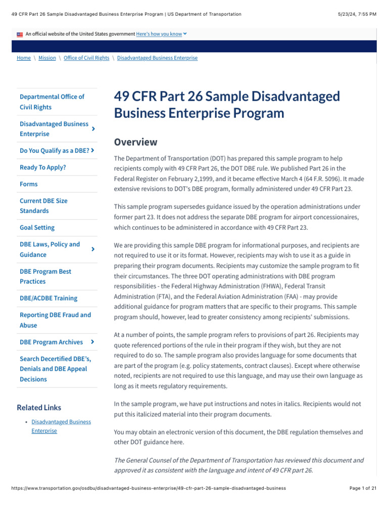 49 CFR Part 26 Sample Disadvantaged Business Enterprise Program - US ...