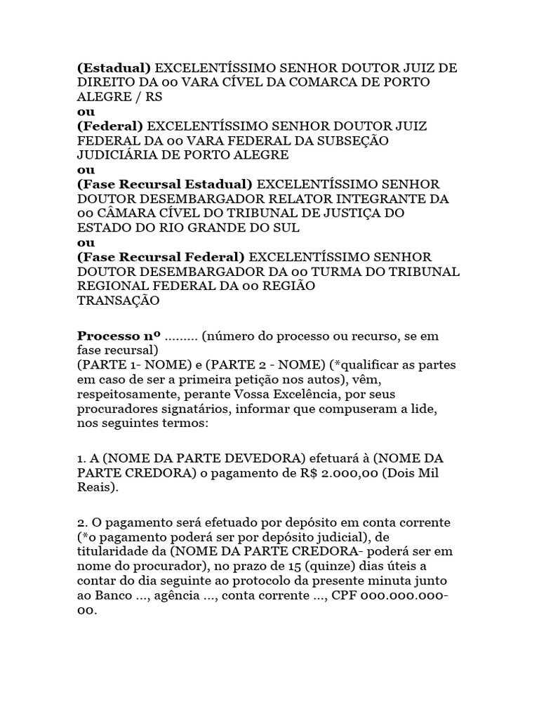 Minuta de Transação Judicial Cível | PDF | Direito Comum | Direito Público