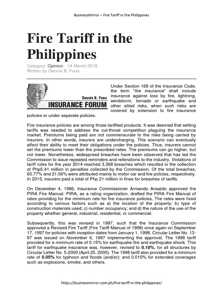 Fire Insurance Tariff Overview Philippines | PDF | Insurance | Home ...