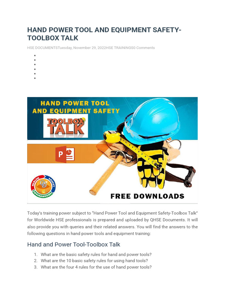 HAND POWER TOOL AND EQUIPMENT SAFETY-TOOLBOX TALK | PDF | Occupational Safety And Health ...