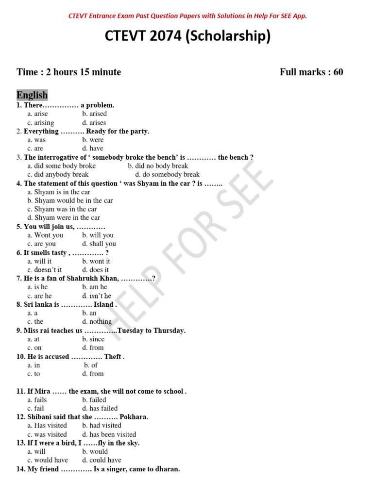 CTEVT Entrance Exam PAST Question Papers With Solutions 2074 ...