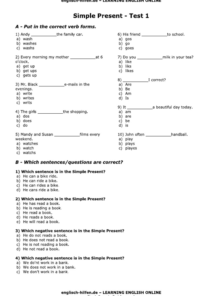 Examen Final Presente Simple | PDF