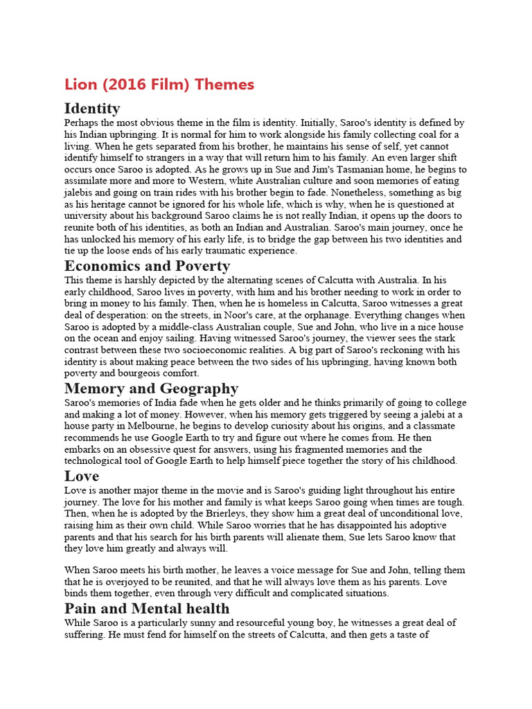 Lion Movie Themes Descriptions | PDF | Mother | Psychology