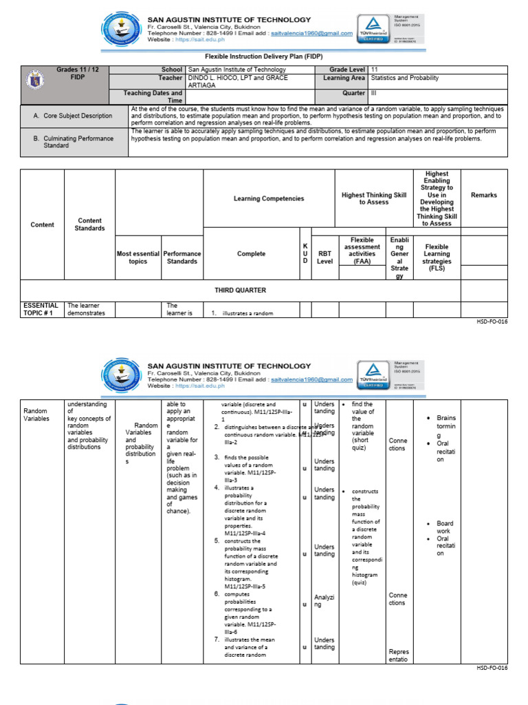 Statistics & Probability FIDP Plan | PDF | Probability Distribution | Confidence Interval