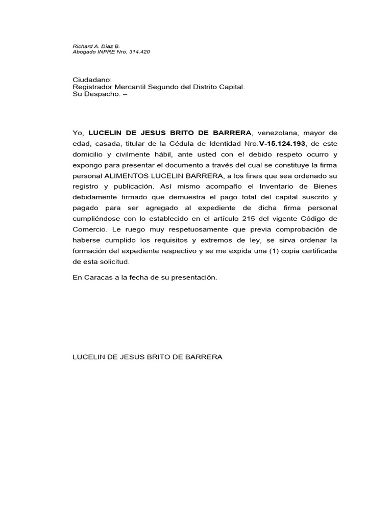 Registro de Firma Personal: Alimentos Lucelin Barrera | PDF