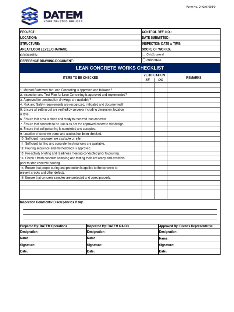 Form No. Di Qac 008 0 | PDF | Concrete
