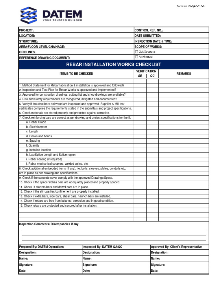 Form No. DI-QAC-010-0 | PDF | Building Materials | Building Engineering
