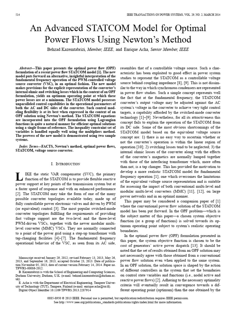 An Advanced STATCOM Model For Optimal Power Flows Using Newton's Method | Download Free PDF ...