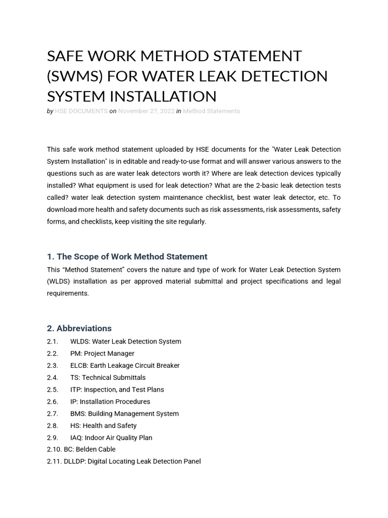 SAFE WORK METHOD STATEMENT (SWMS) FOR WATER LEAK DETECTION SYSTEM ... SAFE WORK METHOD STATEMENT (SWMS) FOR WATER LEAK DETECTION SYSTEM ...