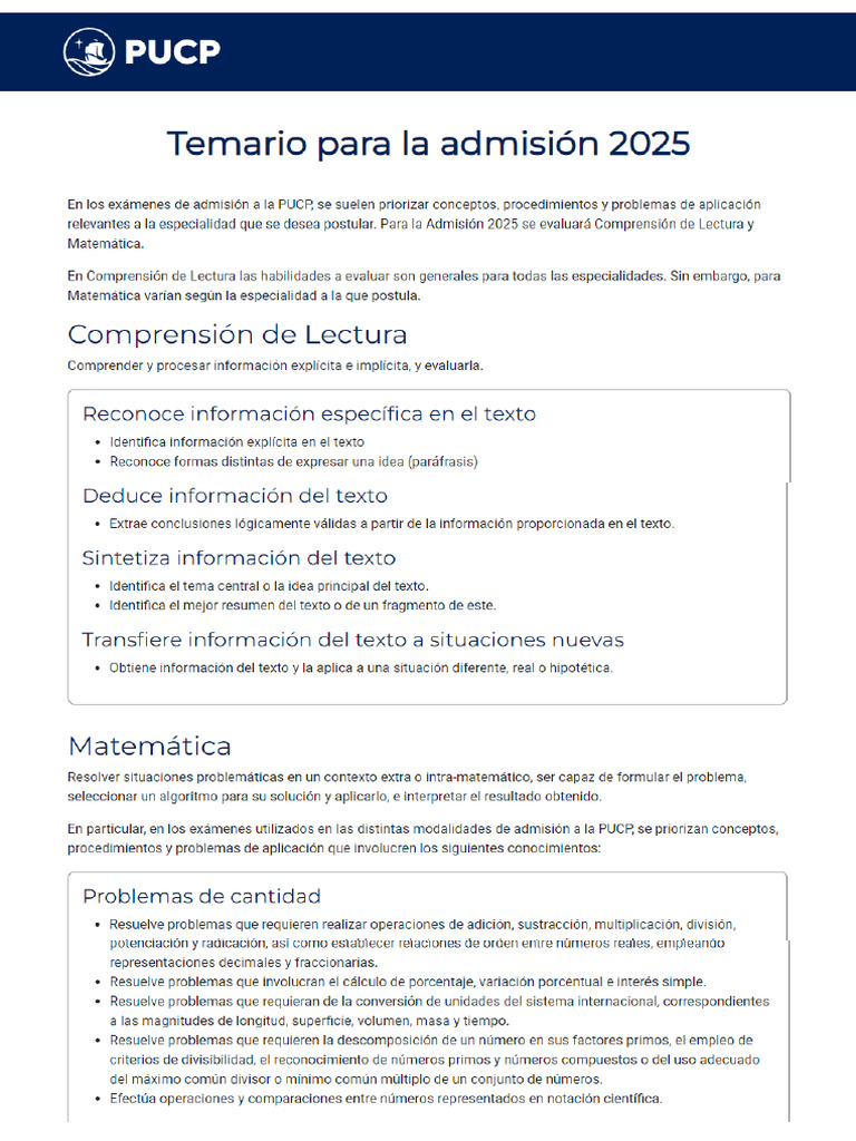 Temario para Admisión 2025 PUCP | PDF