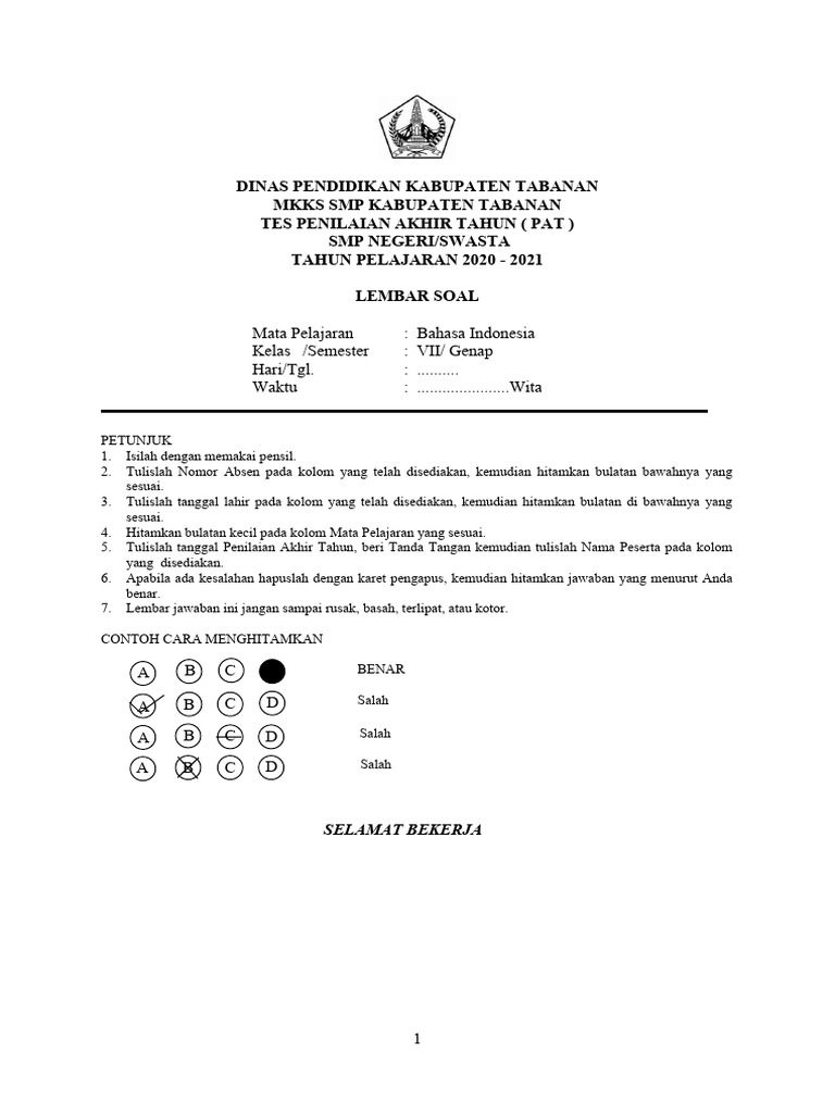 Soal Pat B.indo KLS Vii 1920 | PDF