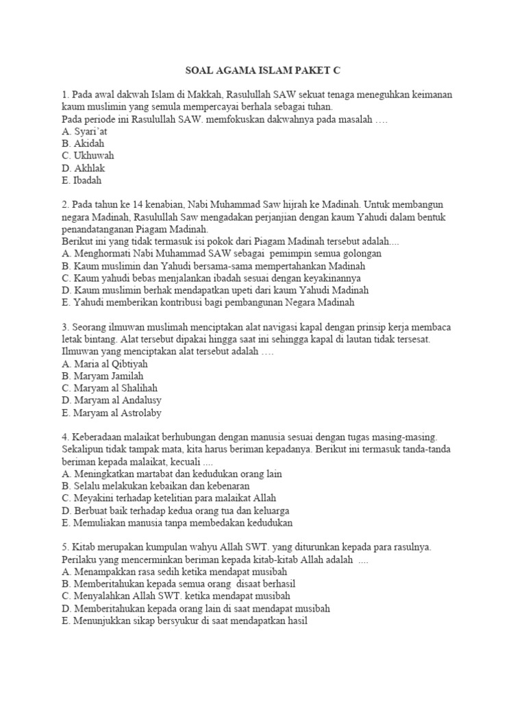Soal Agama Islam Paket C & Kunci Jawaban | PDF