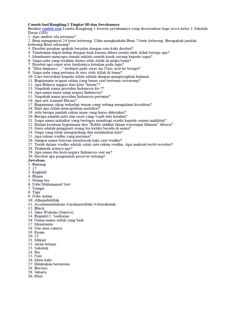 Contoh Soal Rangking 1 Tingkat SD Dan Jawabannya | PDF | Perjalanan