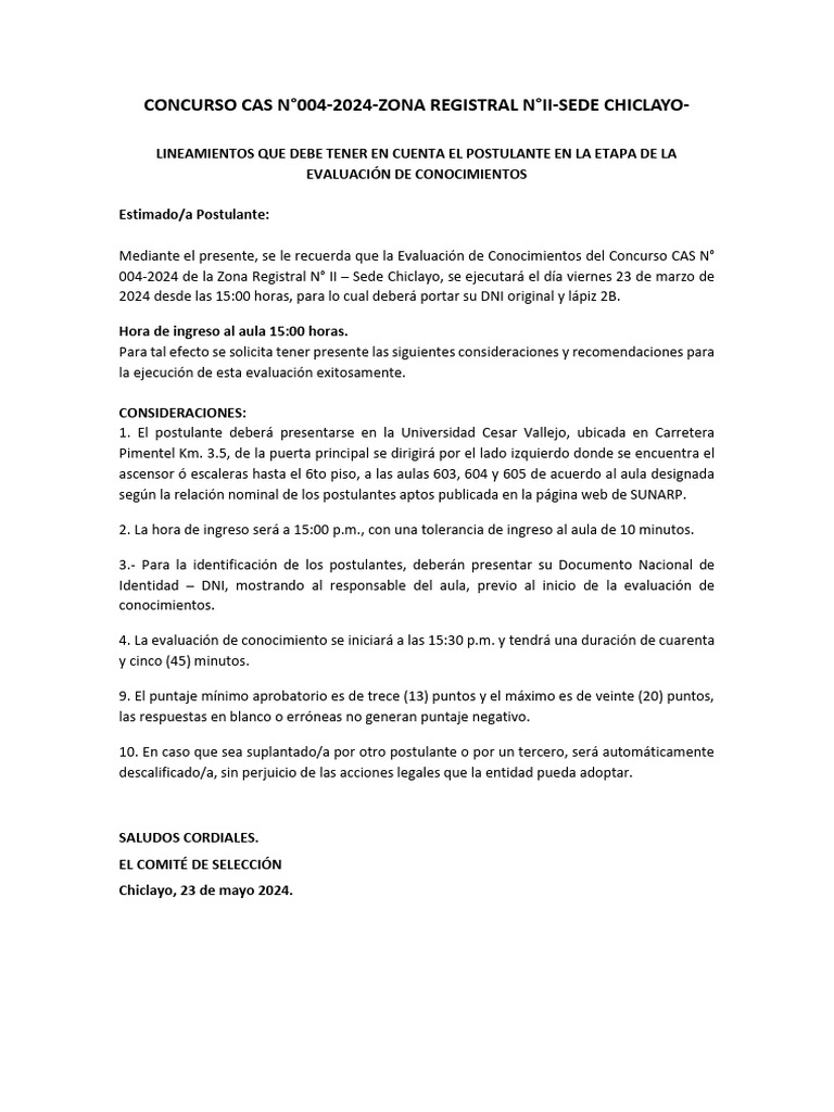 Lineamientos para Evaluacion de Conocimientos Proceso Cas 004 2024 Sunarp Zona Registral N II ...