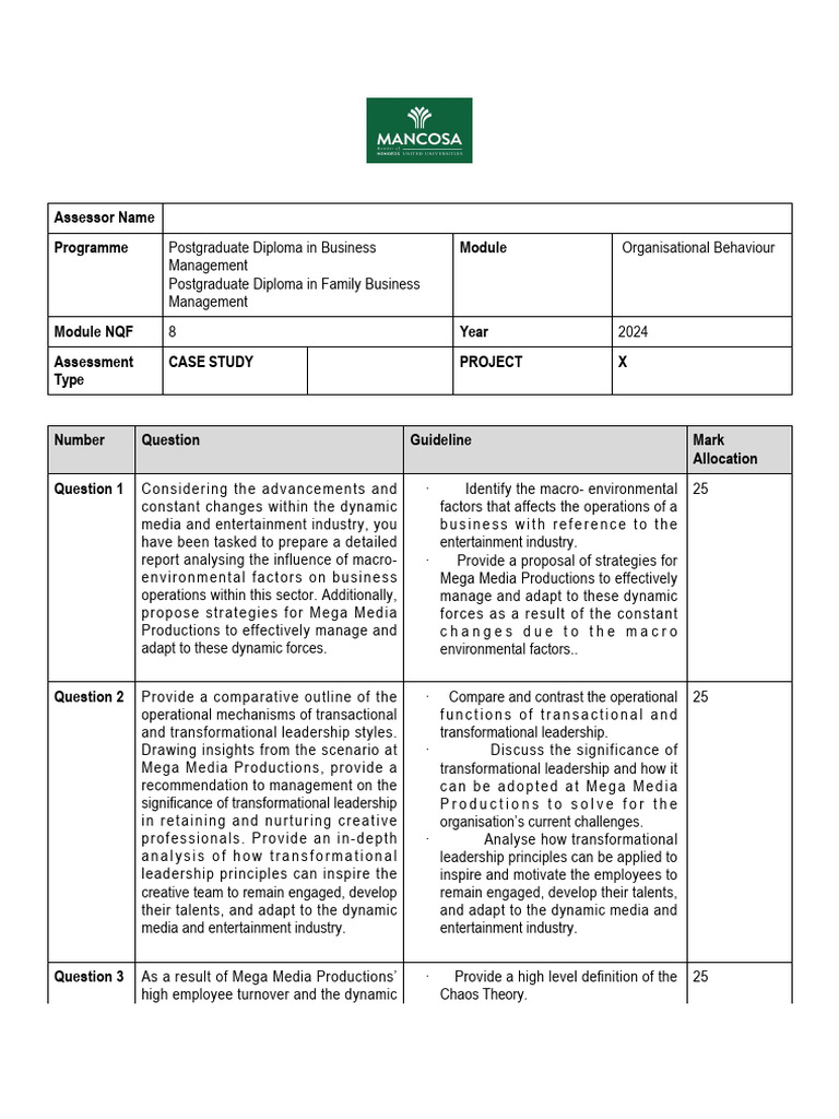 Rubric - ORGANISIATION BEHAVIOUR ASS 2 | PDF | Leadership ...
