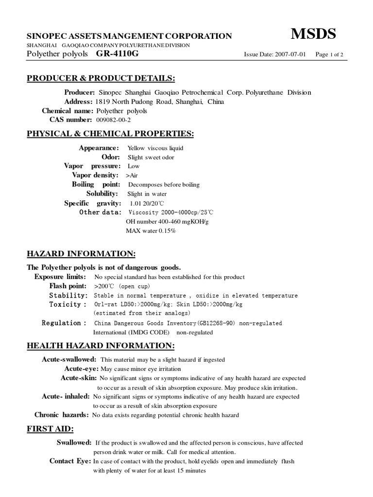 Polyether Polyols MSDS Overview | PDF | Polyurethane | Personal ...