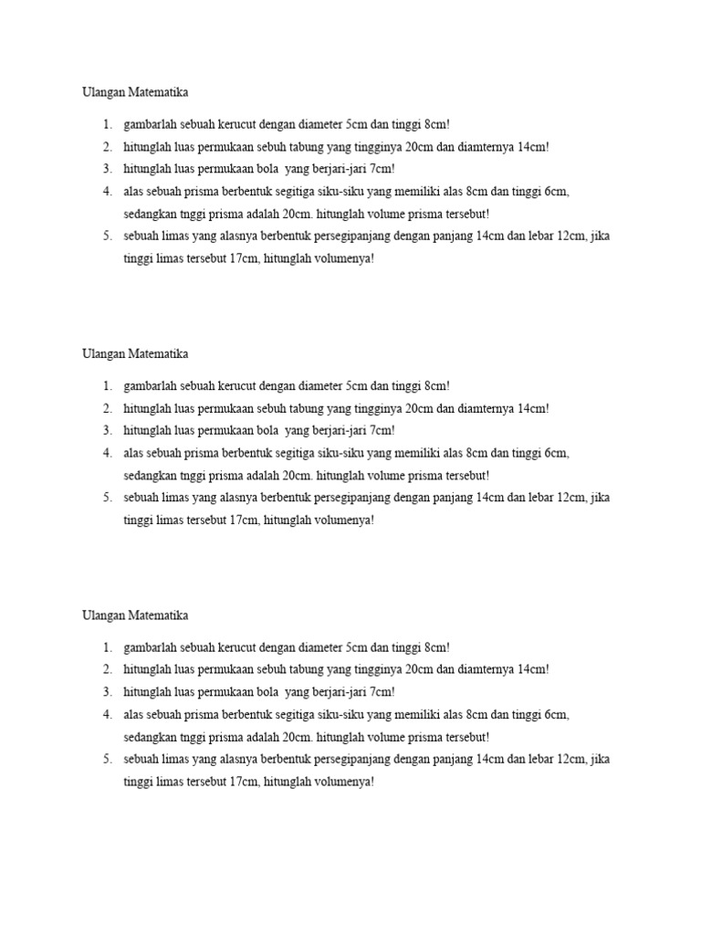 Soal Geometri: Kerucut, Tabung, Bola, Prisma, Limas | PDF