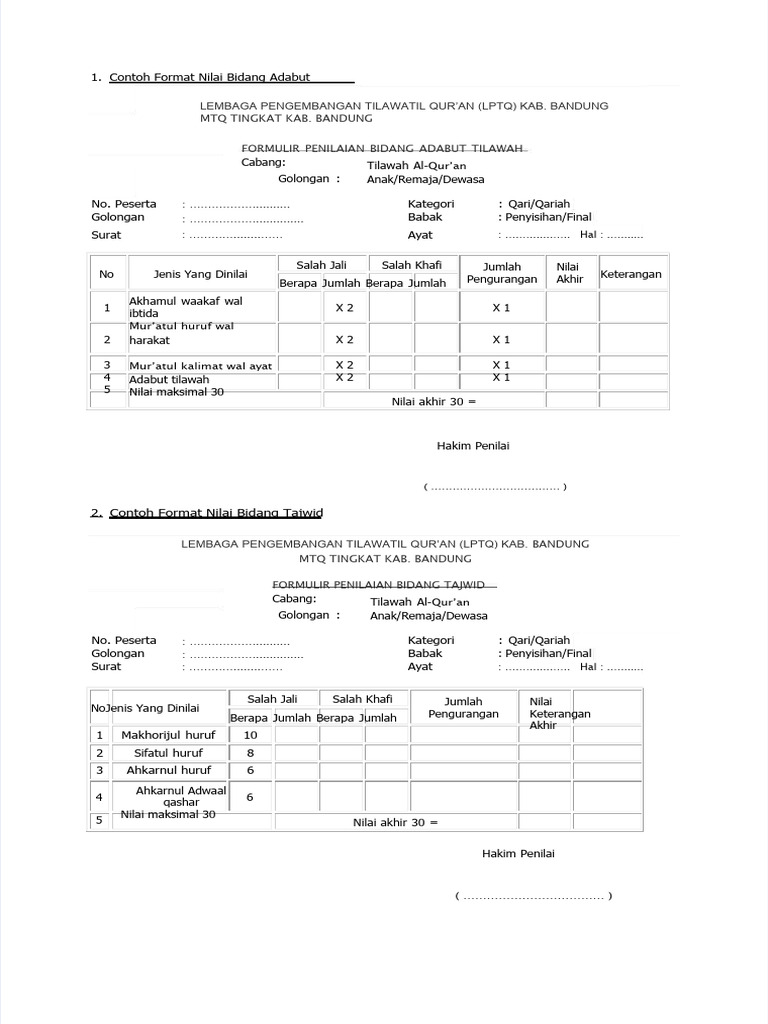 Formulir Penilaian MTQ Bandung | PDF