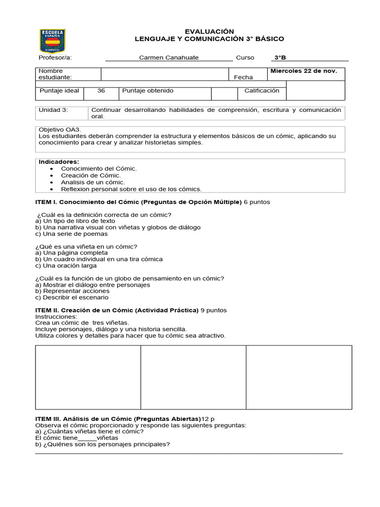 Prueba de Lenguaje El Comic | PDF | Cómics | Comunicación
