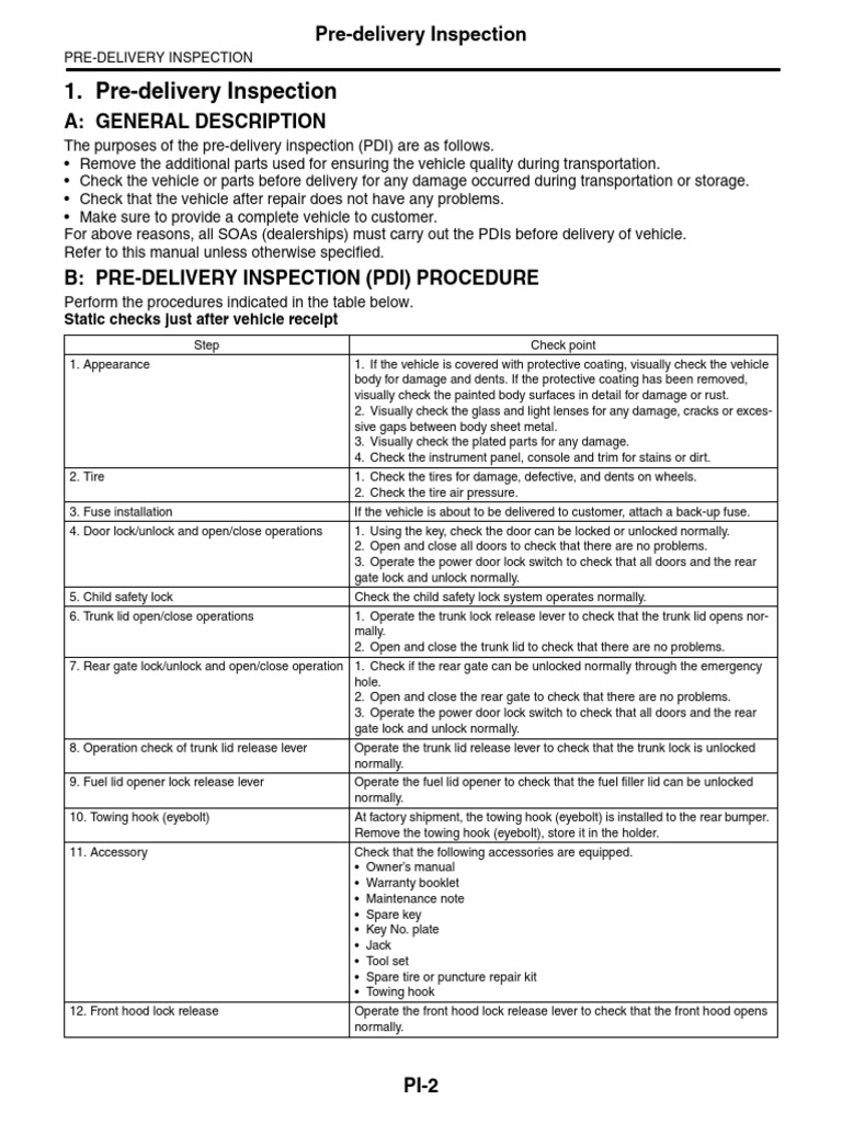 Pre-Delivery Inspection Checklist Guide | PDF | Leak | Trunk (Car)
