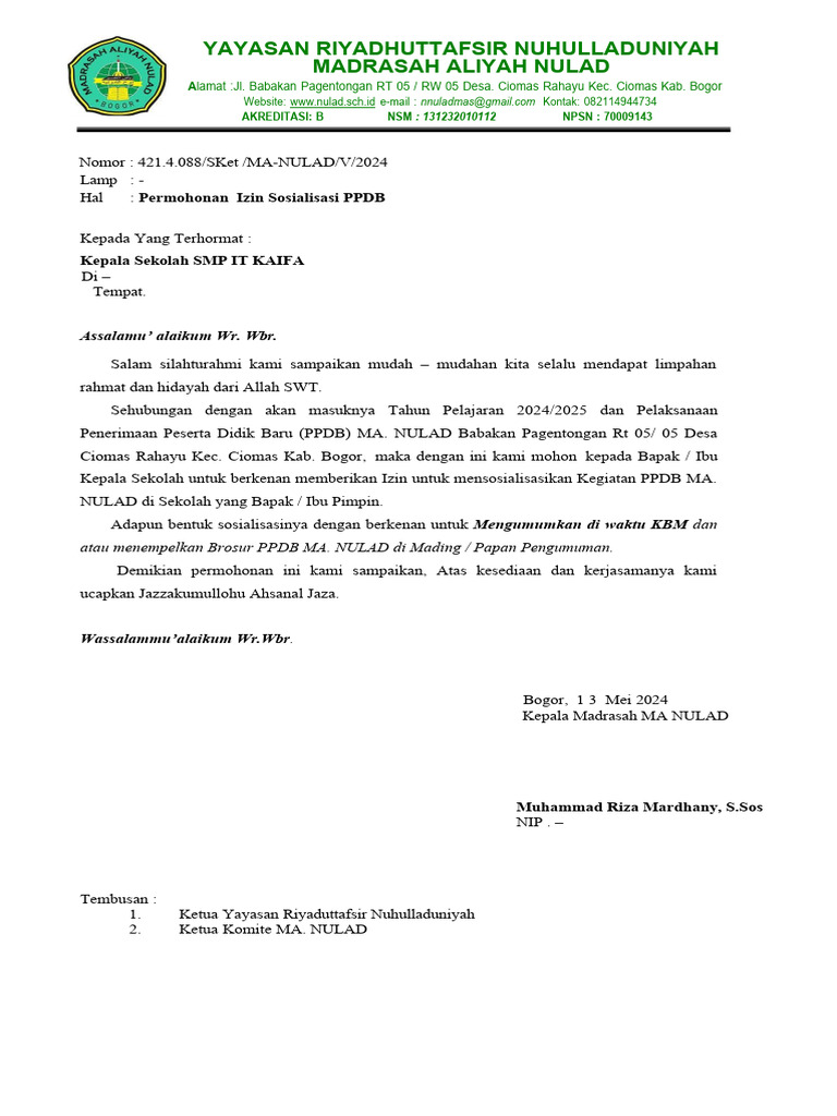 Surat - Permohonan - PPDB MA NULAD 2425 | PDF