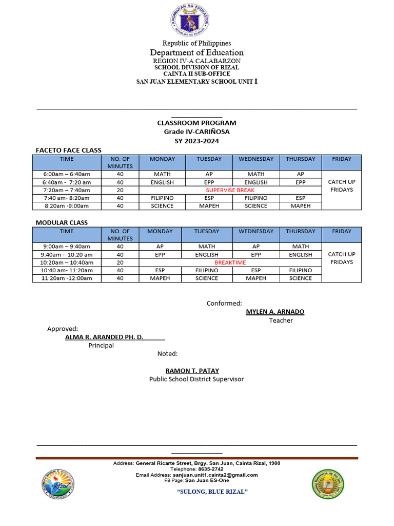 Junior High School Class Schedule 2023-2024 | PDF | Government Related Organizations | Government