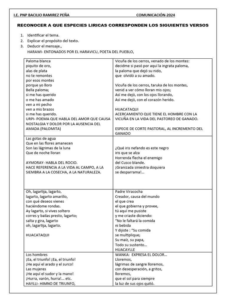 Especies Liricas Incaicas 4to 2024 1 | PDF | Imperio Inca | Poesía