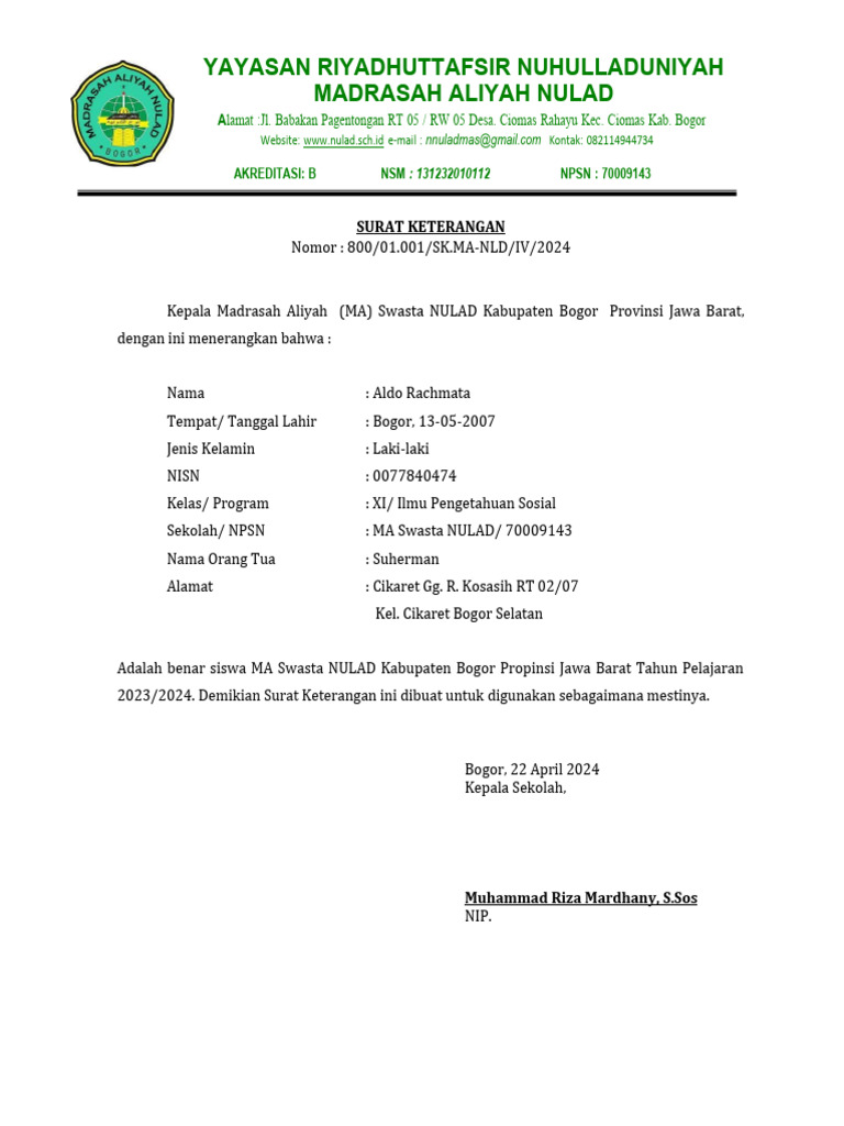 Surat Keterangan Siswa UTBK 2024 | PDF