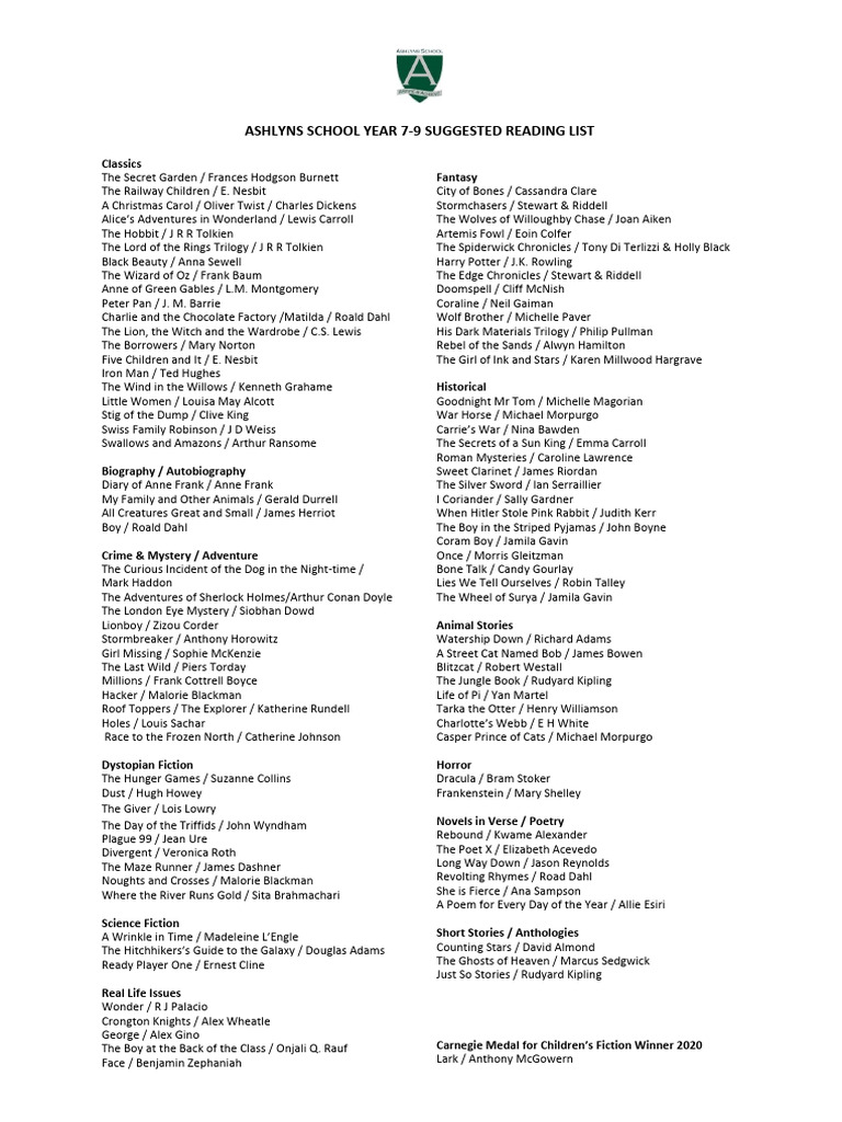 Ashlyns School Year 7 9 Reading List Ks3 1 | PDF | Children's Literature