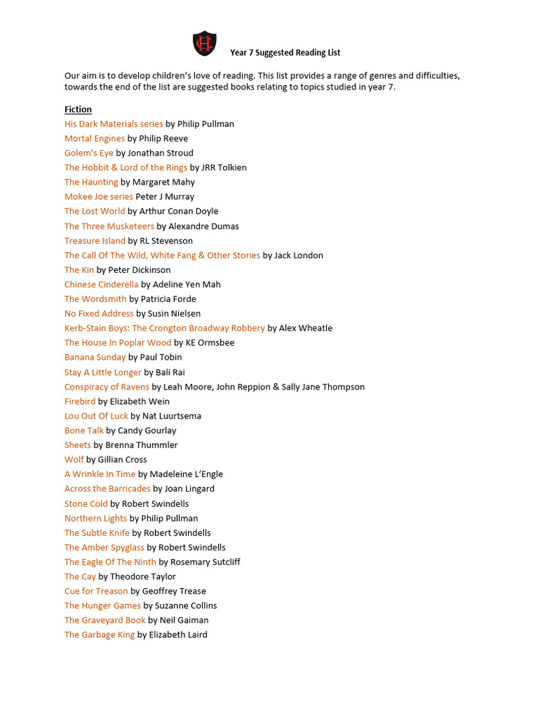 Chepstow House Year 7 Suggested Reading List | PDF