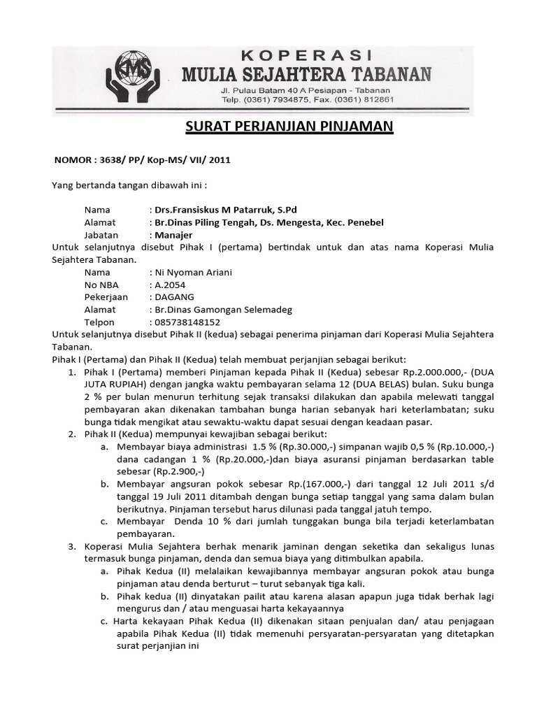 Surat Perjanjian Pinjaman Koperasi Tabanan | PDF
