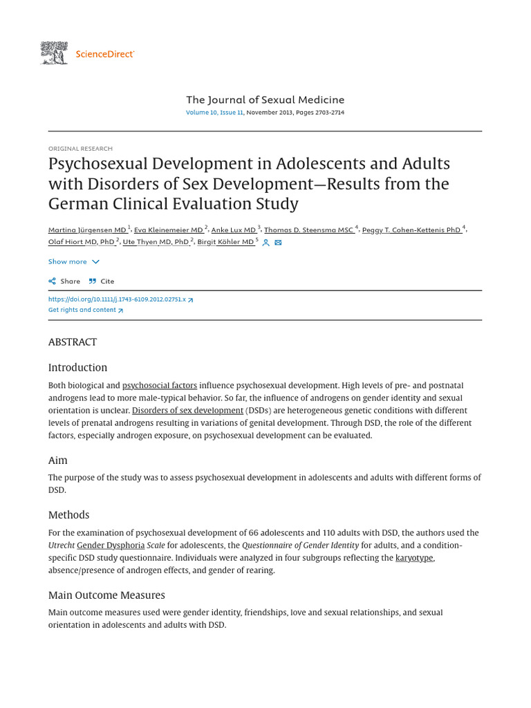 Psychosexual Development In Adolescents And Adults With Disorders Of Sex Development Results