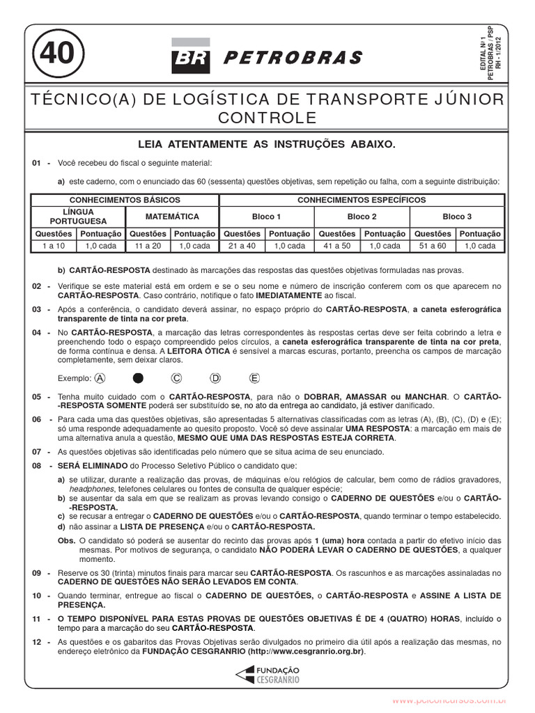 Prova 40 Tecnico A de Logistica de Transporte Junior Controle | PDF ...