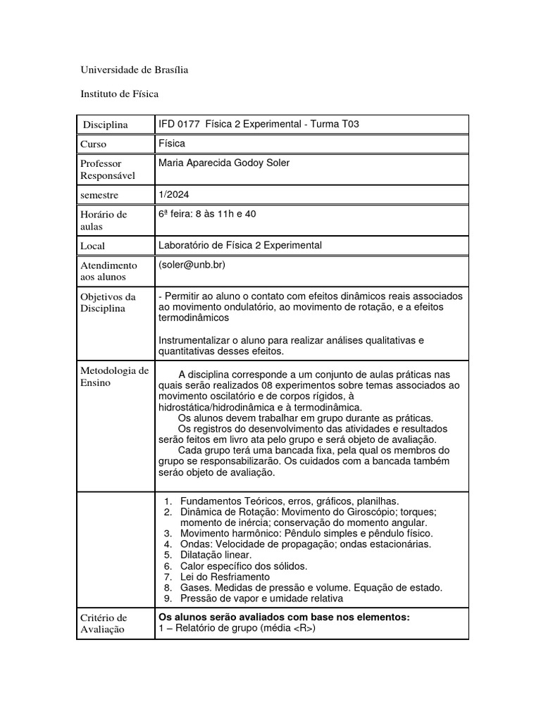 Plano Da Disciplina TURMA T03 01 2024 | PDF | Física | Ondas