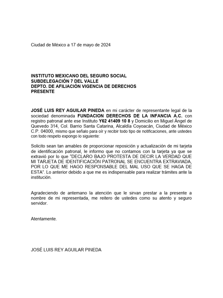 Machote Escrito Patronal Reposicion de Tarjeta | PDF