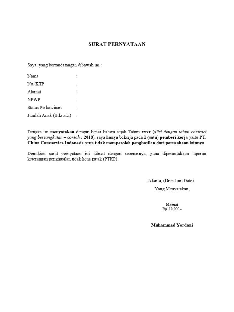 Surat Pernyataan Penghasilan PTKP | PDF