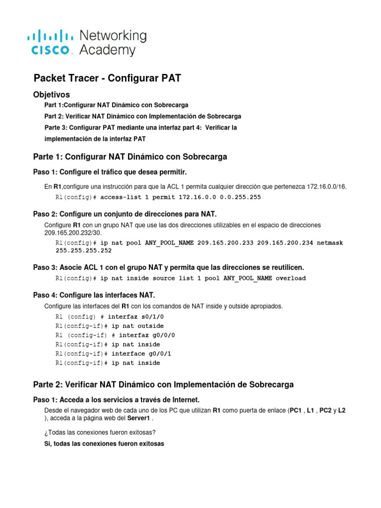 6.6.7 Packet Tracer - Configure Pat Instructions - Es XL | PDF ...