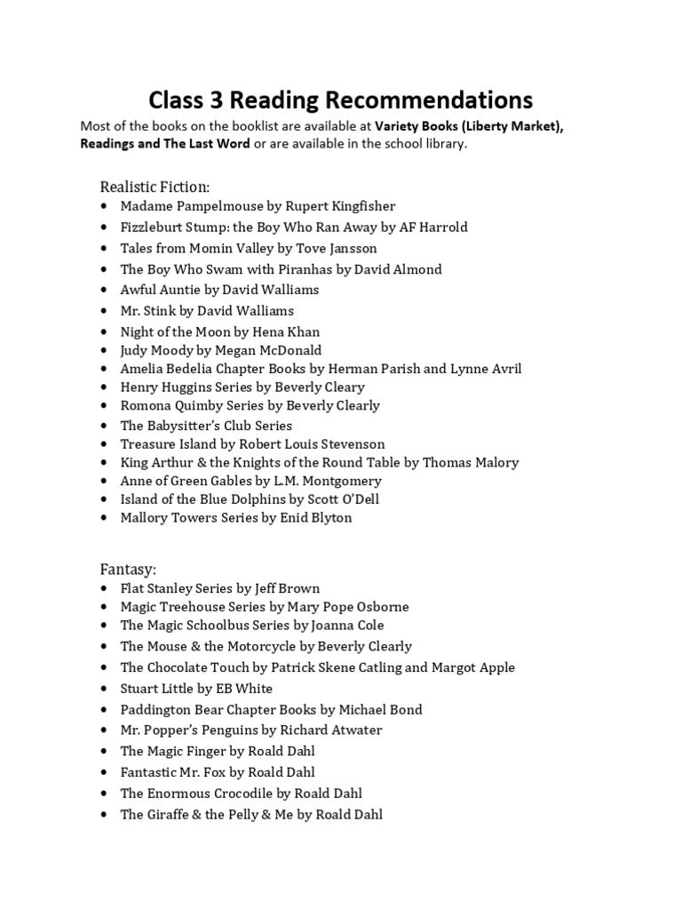 Class 3 Reading Recommendations | PDF