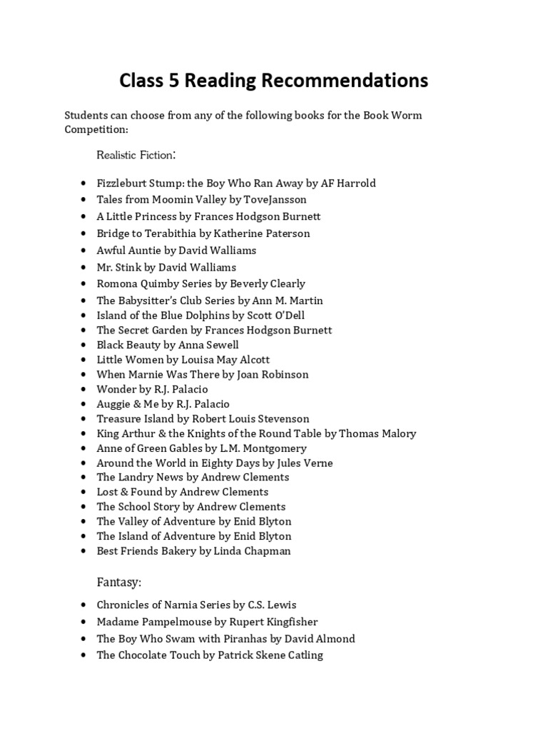 Class 5 Reading Recommendations | PDF | Children's Literature