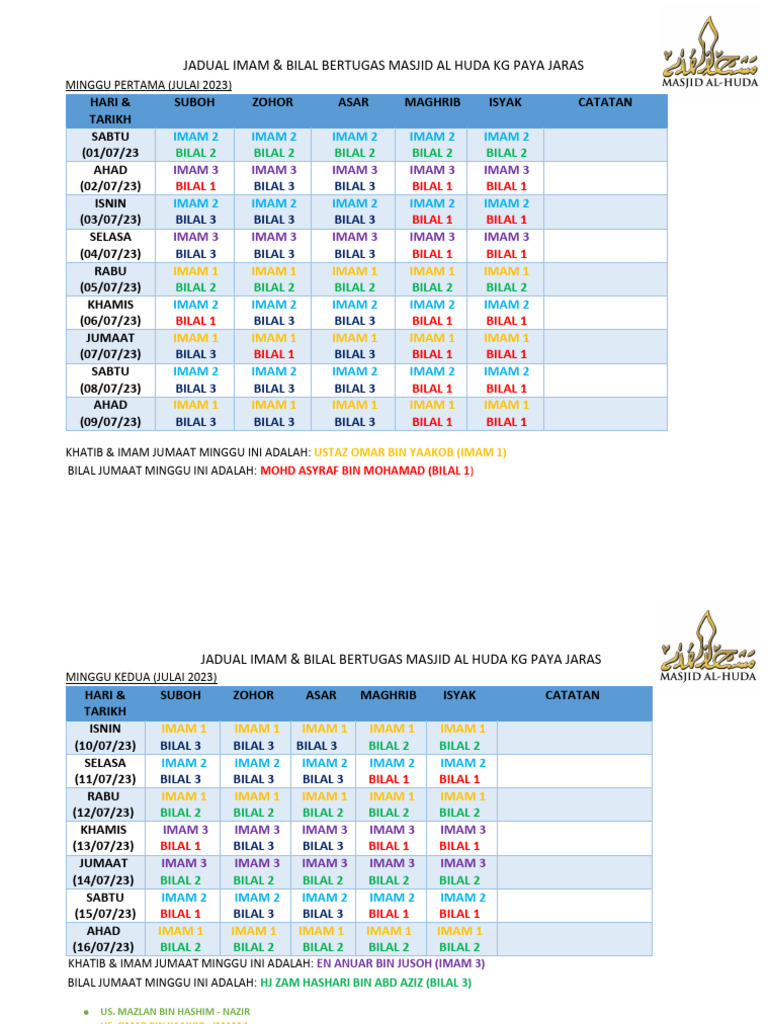 Jadual Imam & Muadzin 07 - Julai 2023 | PDF