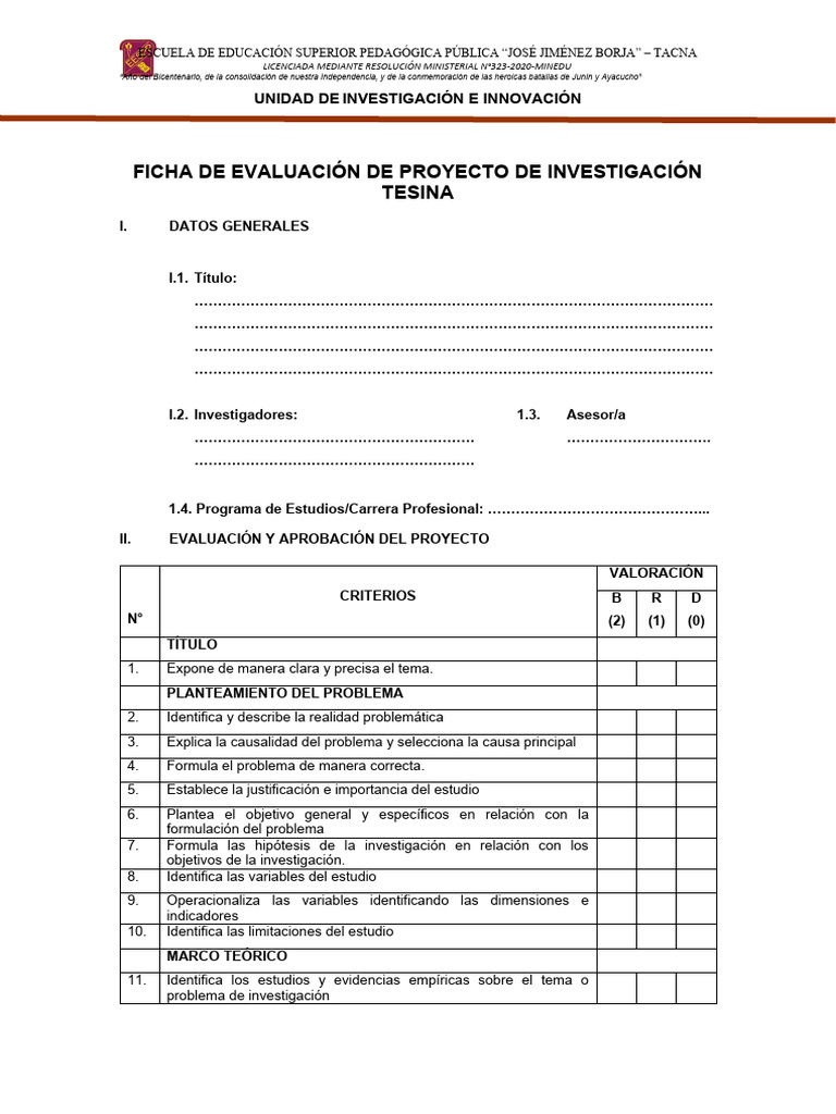 Ficha de Evaluación de Proyecto de Investigación | PDF | Teoría | Cognición