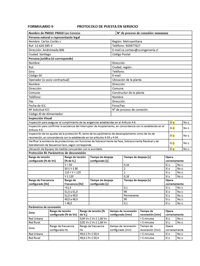 Pmgd-Formulario 9 Protocolo de Puesta en Servicio | PDF