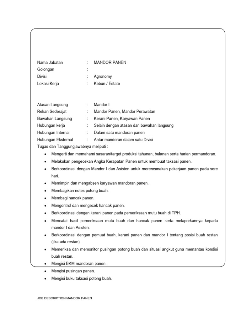 Tugas dan Tanggung Jawab Mandor Panen | PDF